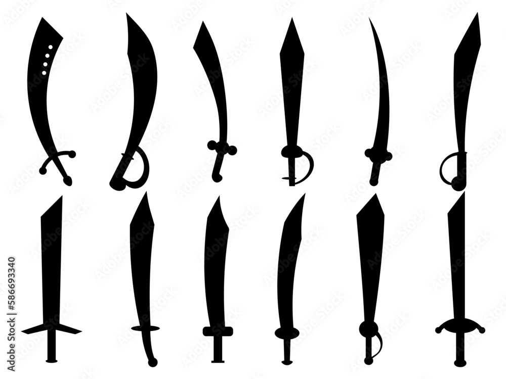 Black curved swords set isolated on white background. Swords ...