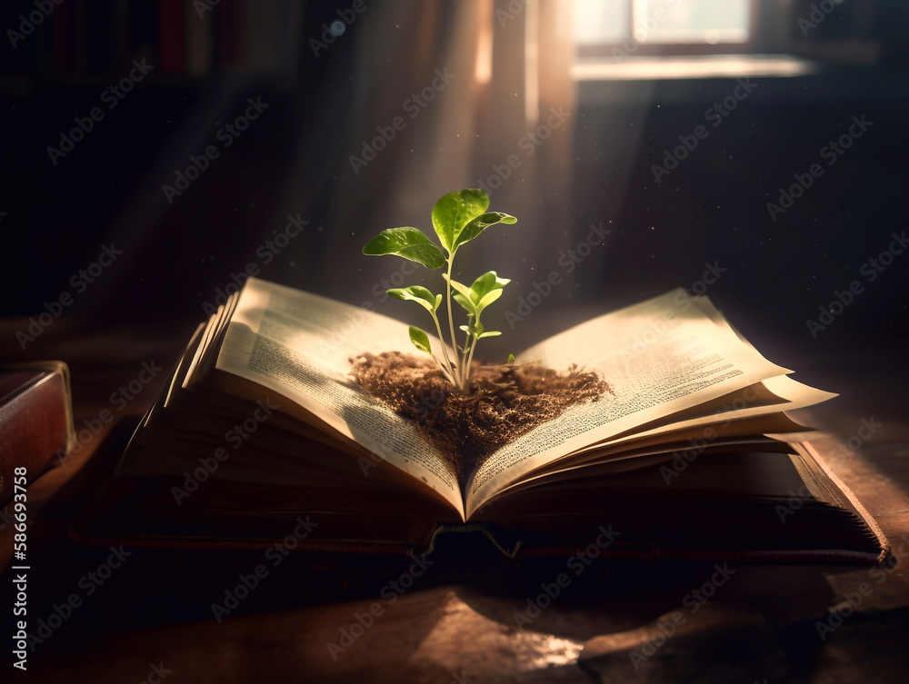 Open book from which emerges a sprout illuminated by a beam of light ...
