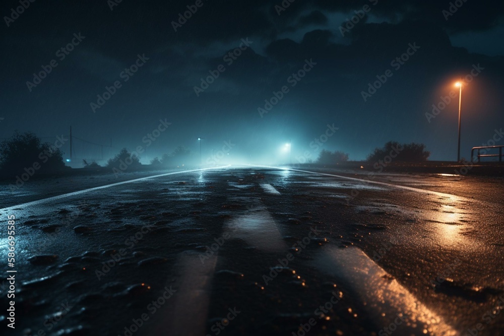 dramatic dark empty background Wet asphalt with a night sky with a blue ...