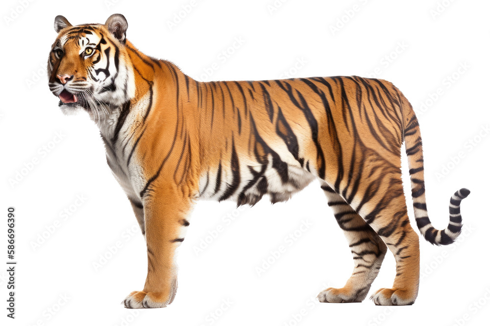 an isolated Bengal tiger walking side view, majestic, stalking prey ...