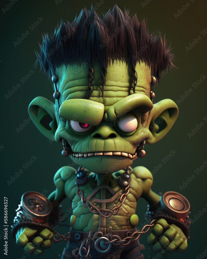 Illustrated portrait of a cute toy animated Halloween Frankenstein ...