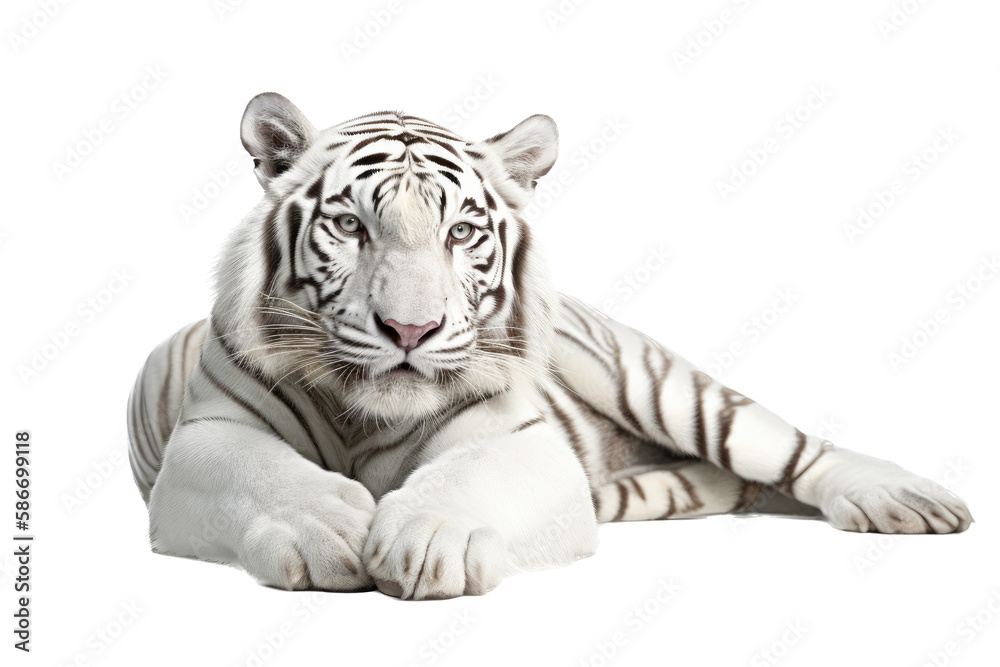 an isolated white tiger laying down, front-view portrait, jungle-themed ...