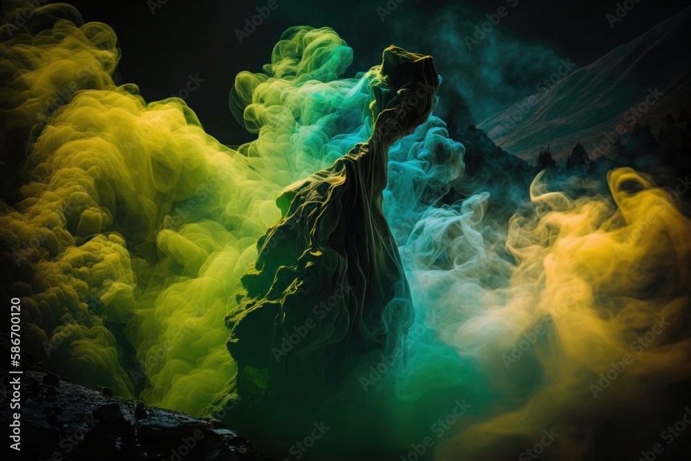 mysterious and moody background with layers of colorful smoke figure ...
