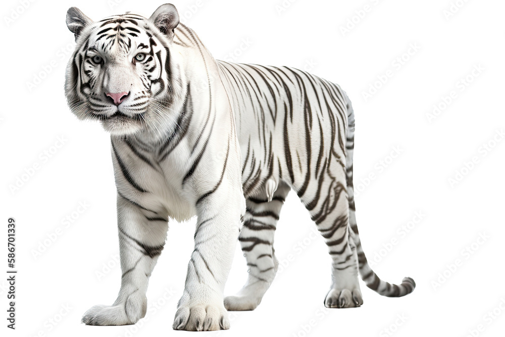 an isolated white tiger walking, side-view portrait, jungle-themed ...