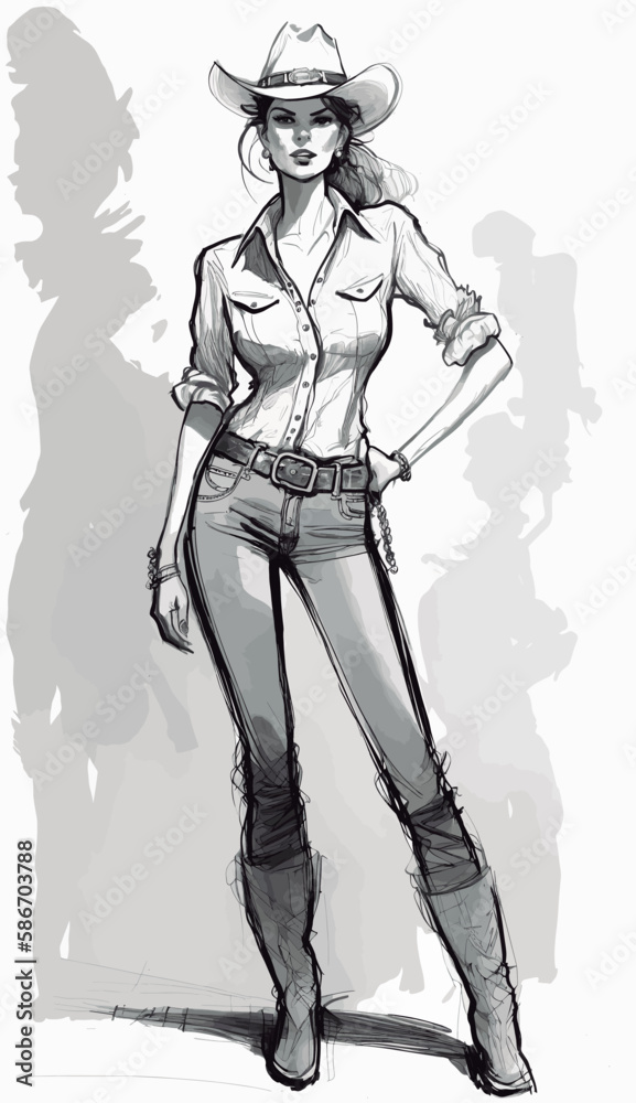 Beautiful drawing of a cowgirl in a posture of power and confidence ...