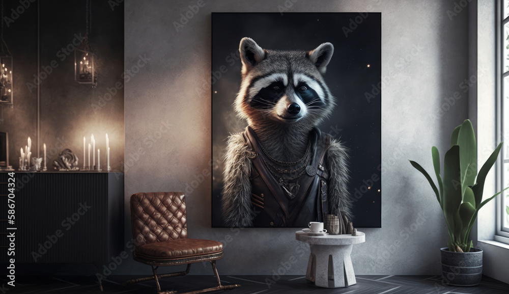 An exclusive picture of a raccoon in a stalker, on the wall in a ...
