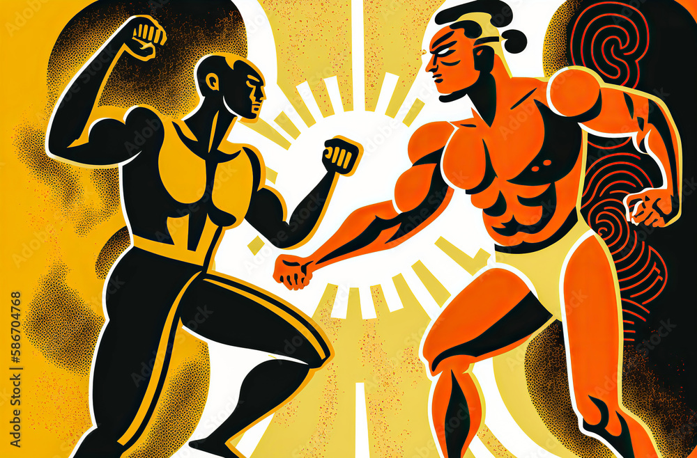 Two opposing Greek characters clash in a dynamic, colorful and ...