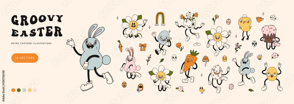 Set of Groovy Easter character mascot icons. Spring avatar ...