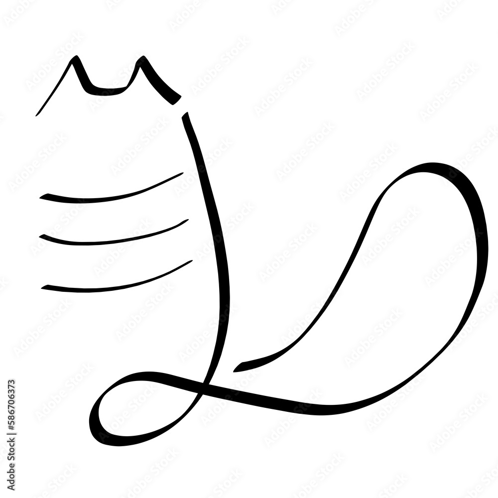 fat tabby cat sitting with his back, abstract black outline on a white ...