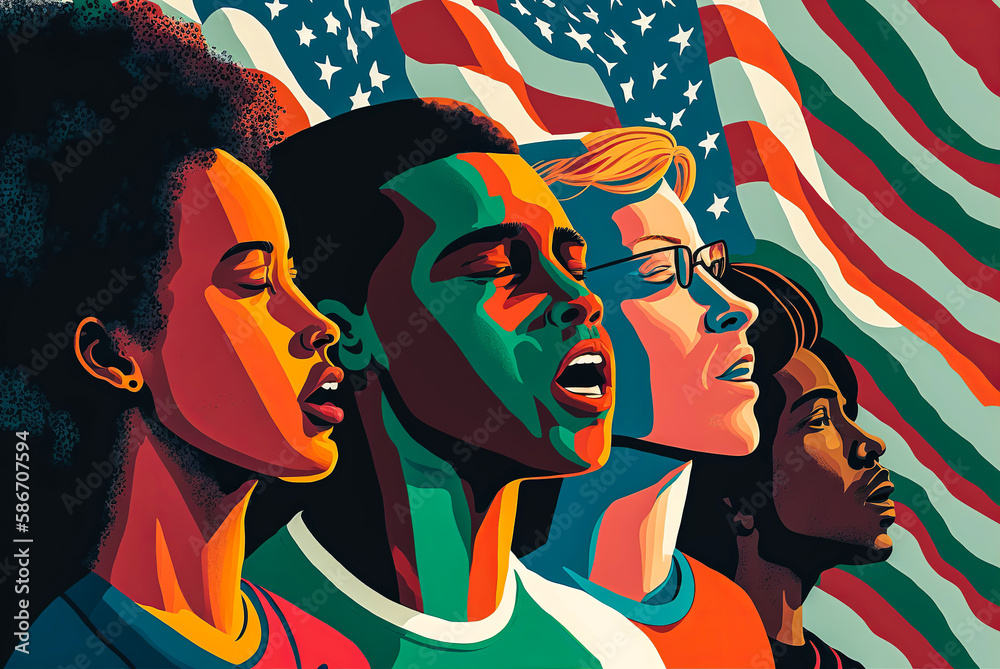 A photo of various elements of the country singing the national anthem ...