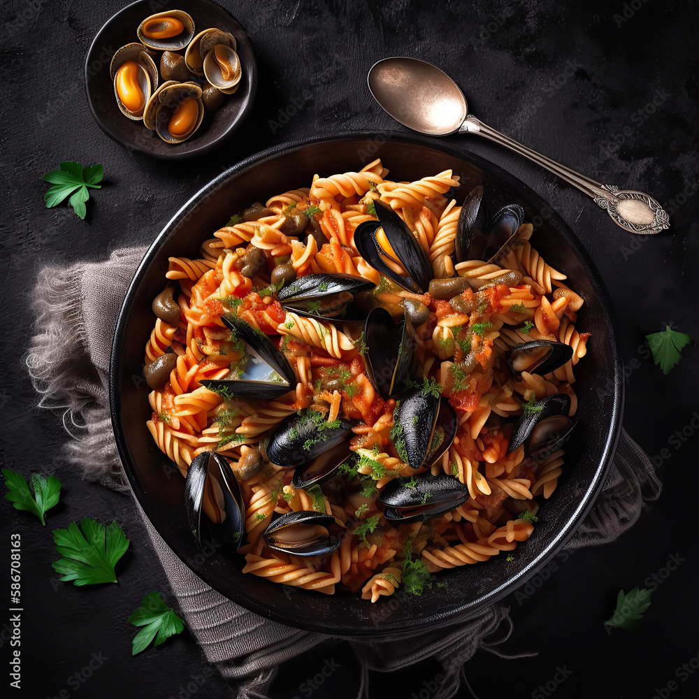 Classic italian pasta fusilli marinara with mussels, Italian seafood ...