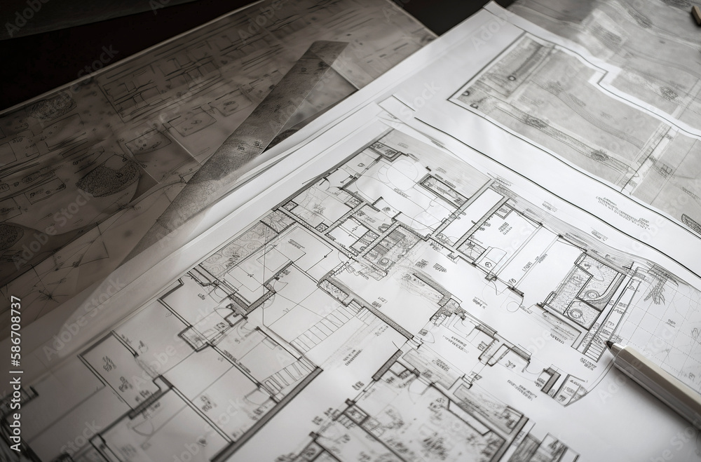 Generative AI illustration of Architectural plans, drawings, pencil ...