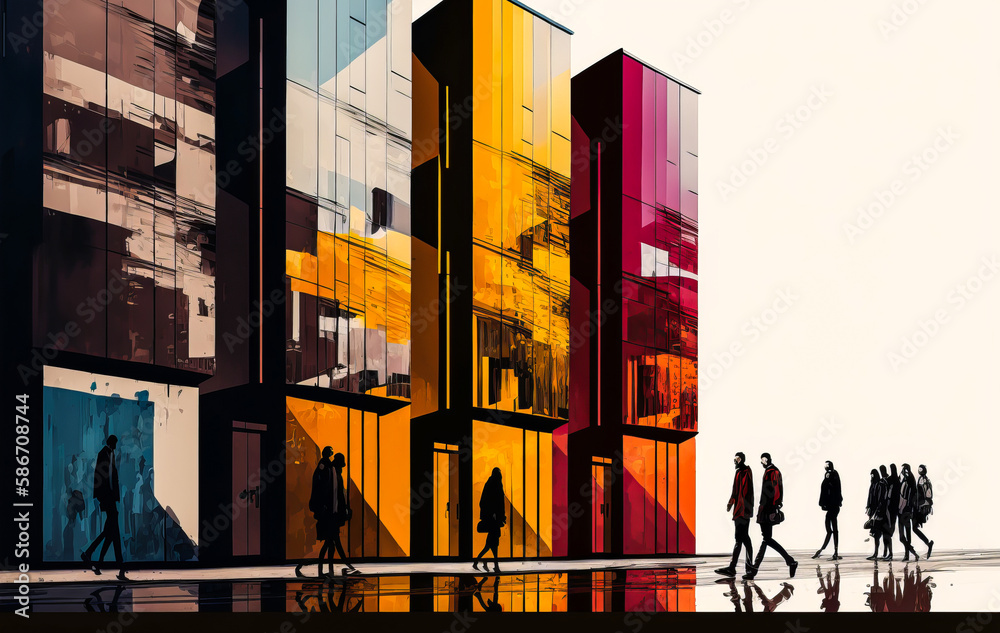 People moving in front of a row of minimalist buildings with glass ...