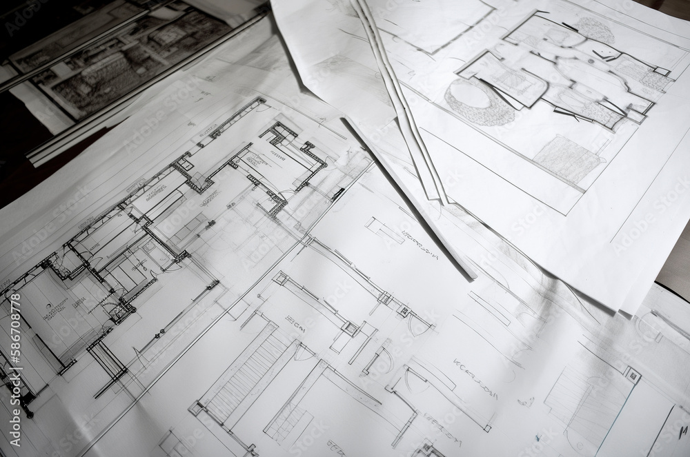 Generative AI illustration of Architectural plans, drawings, pencil ...