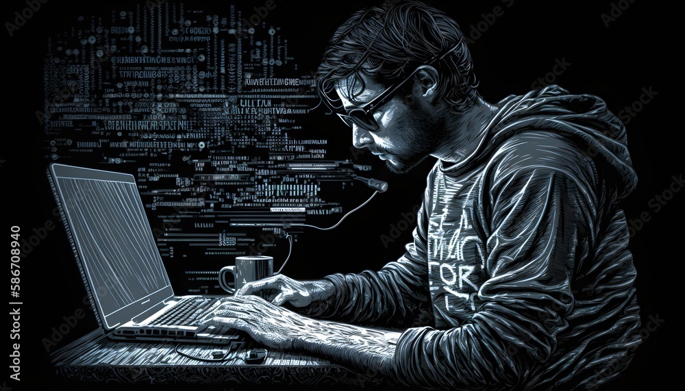 A hacker working on a laptop with technology background. Hacking and ...