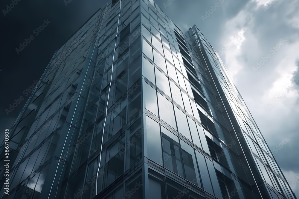 Perspective of high rise building and dark steel window system with ...