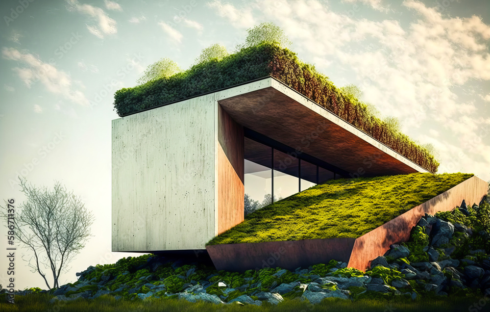 This minimalist green-roofed building features an integration of nature ...