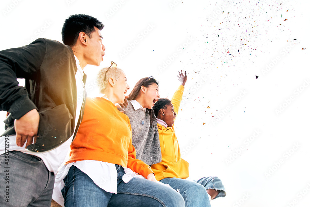 Multiracial group of people with surprised outdoors on sunny spring day ...