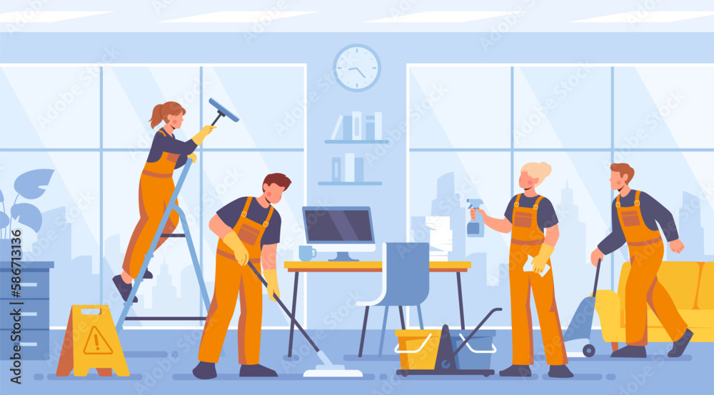 Cleaning workers concept. Men and women in uniform with mop and bucket ...