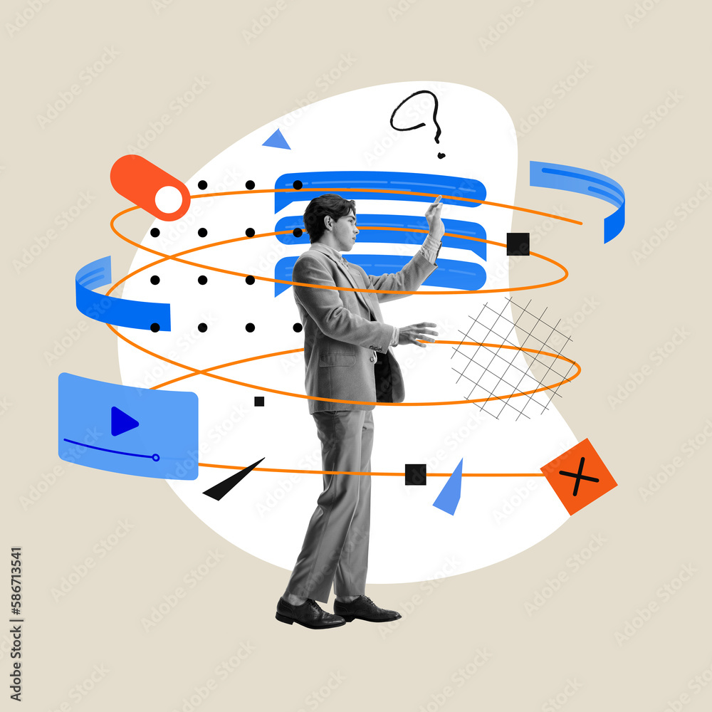 Young mbitious male employee working with startup on digital screen. IT ...