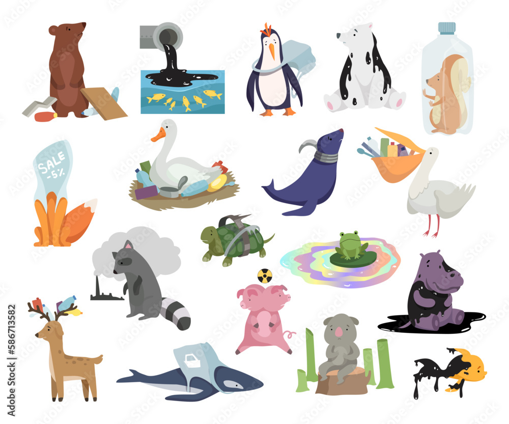 Wild animals suffering from nature pollution set. Plastic rubbish ...