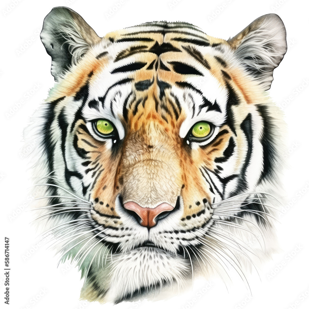 an isolated Bengal tiger portrait, face, stalking prey, fierce jungle ...