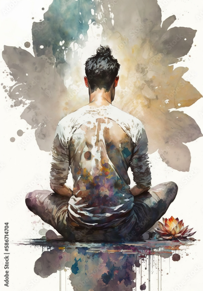 Man meditating in sitting pose illustration from behind with lotus ...