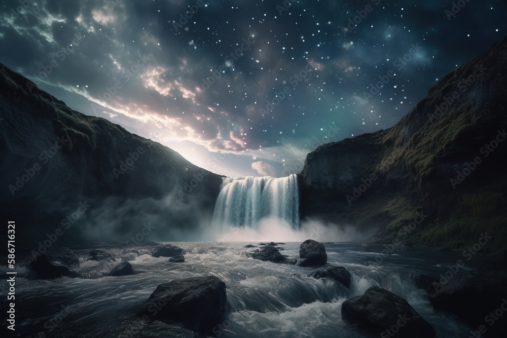 a waterfall in the middle of a river under a night sky filled with ...