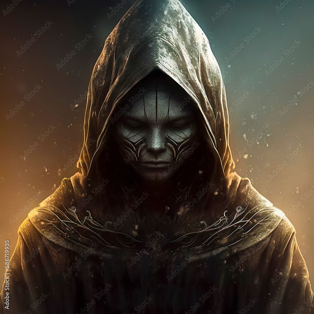 Dark Fantasy Art Of A Hooded Man, Adorned with Silver-black Runes ...