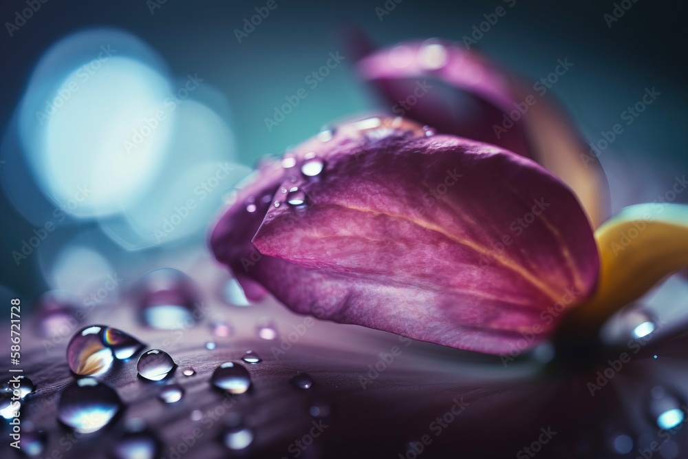 a purple flower with water droplets on it's petals and a blue ...