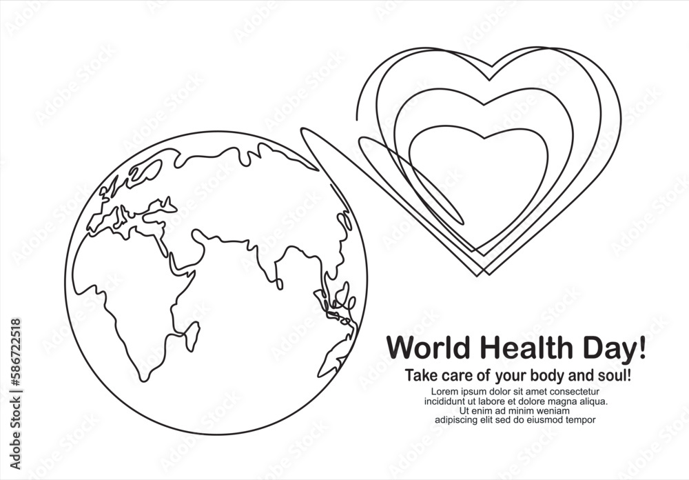 World health day. Continuous one line drawing of heart and globe on ...