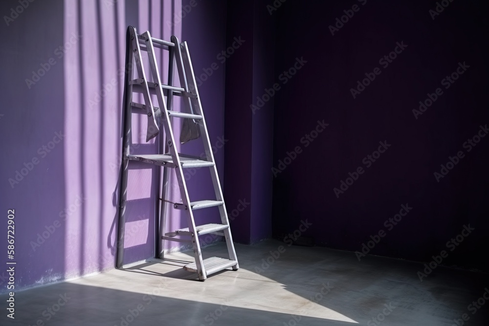 a ladder leaning against a purple wall in a room with a purple wall and ...