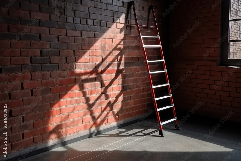 a ladder leaning against a brick wall in a room with a brick wall and a ...