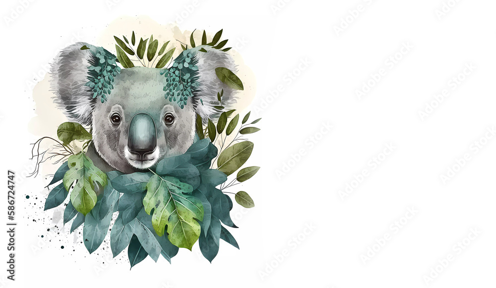 Koala. Muzzle of a koala on a white background in the leaves. water ...