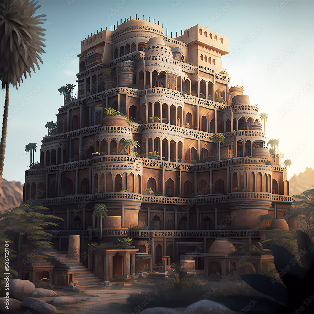 Babylon. View of the city. Tower of Babel. Biblical city. Beautiful ...