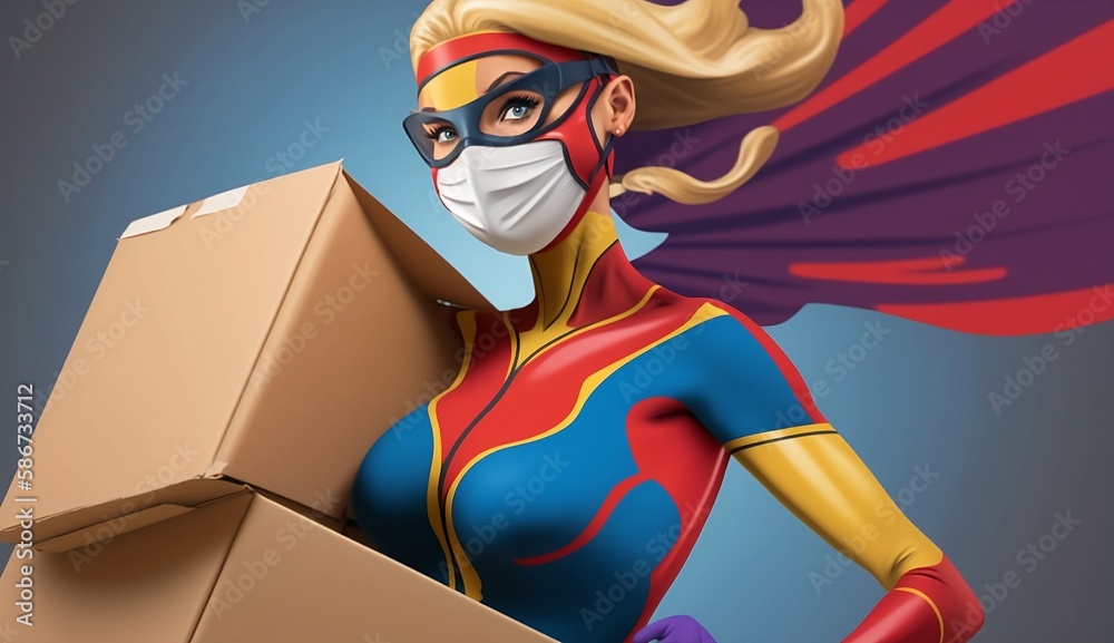 Vintage advertising poster in comic style. Female superhero courier ...