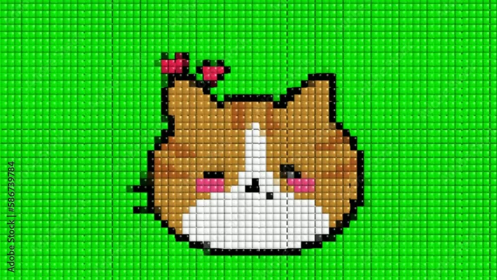 cute cat activity animation, pixel art, on green screen background ...