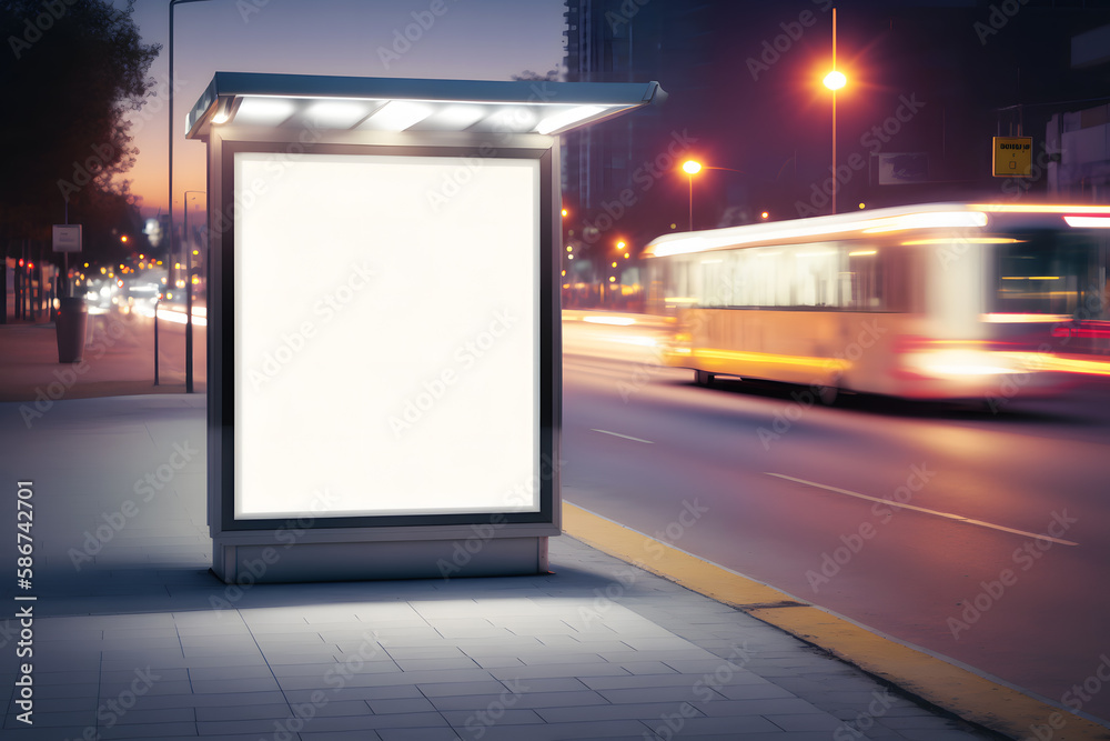 Blank advertising light box on bus stop, mockup of empty ad billboard ...