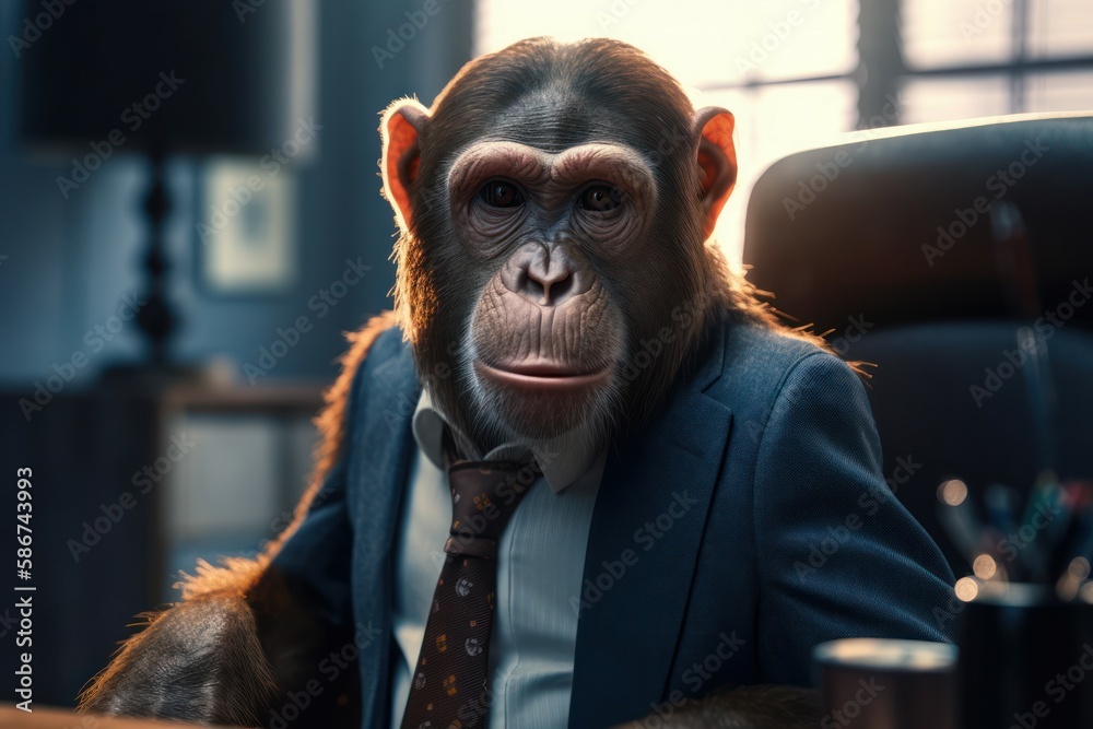 Monkey wearing suit in office. Businessman monkey sitting at office. AI ...