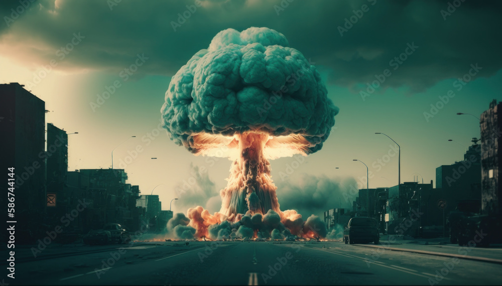 Mushroom cloud after atomic bomb explosion in city. The concept of ...