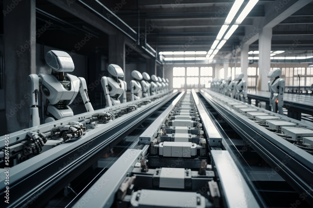 Robotic assembly line. Robot in the industry on the conveyor. AI ...