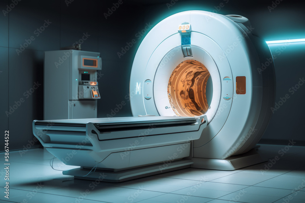 MRI scan machine, future medicine concept. AI generated, human enhanced ...