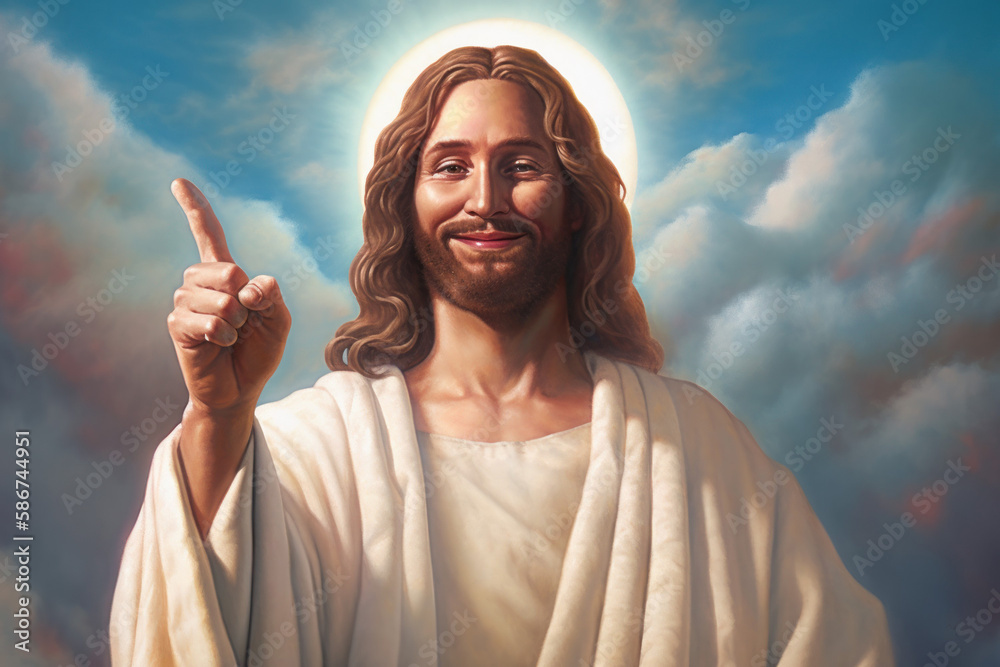 Jesus Christ with positive emotion and good mood. Index finger up. AI ...