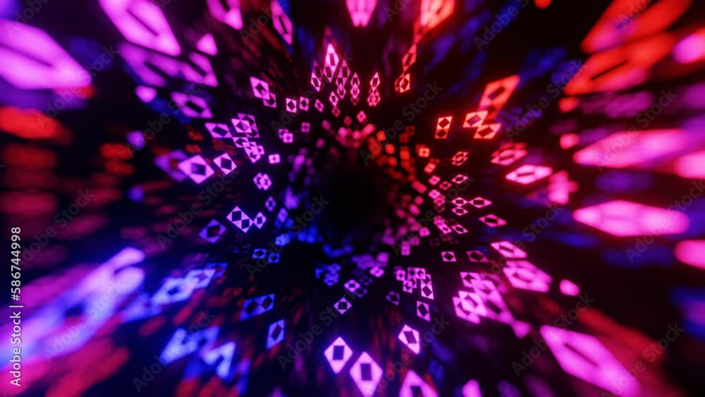 Blue red pattern. Fly through mirror tunnel with neon pattern, glow ...