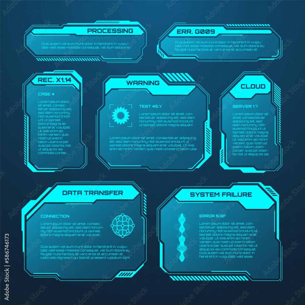 Blue futuristic HUD or UI elements. Sci-fi user interface text boxes, callouts. Warning message ...