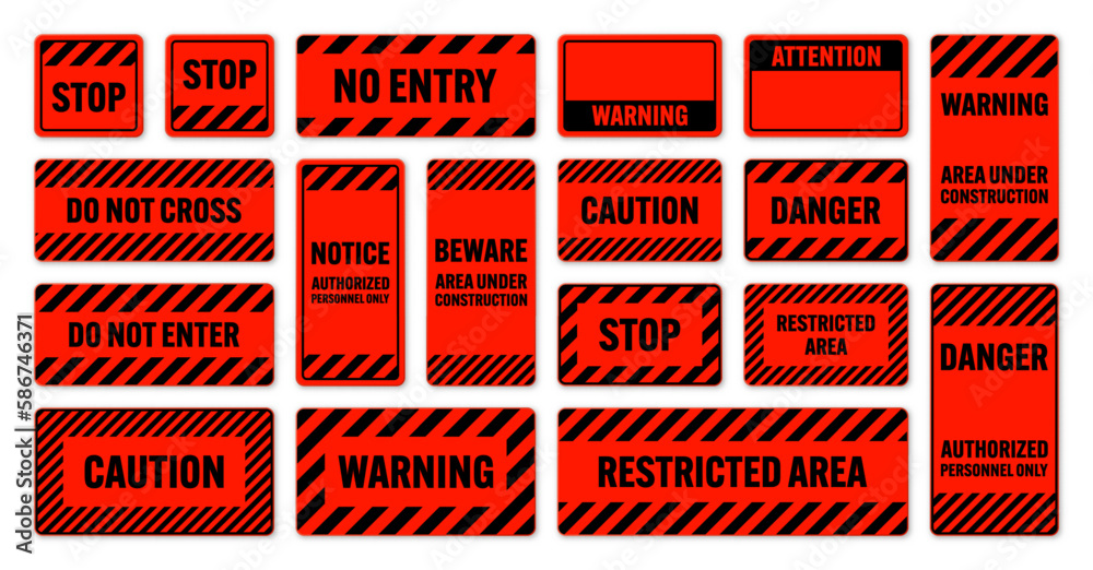 Various black and red warning signs with diagonal lines. Attention ...
