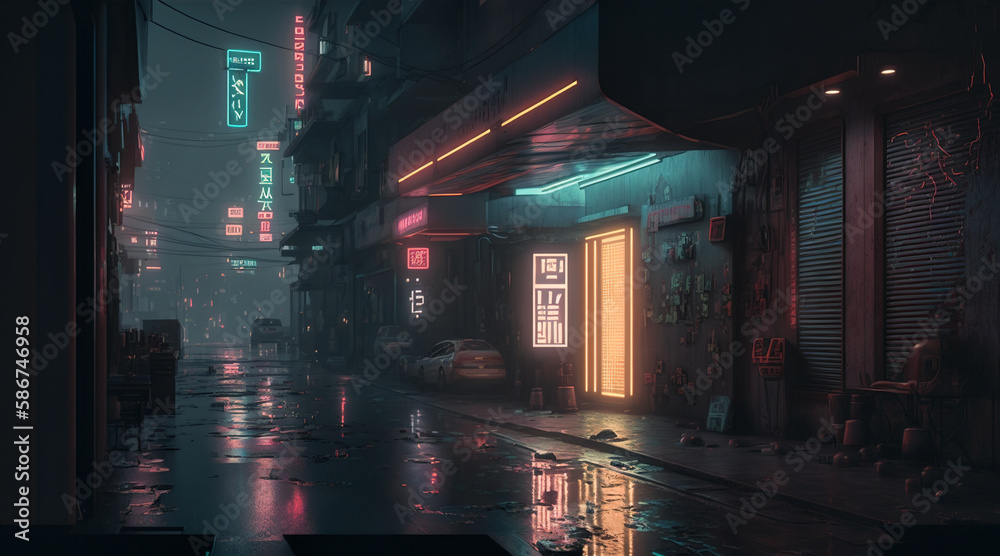 Dark street in cyberpunk city, gloomy alley with neon lighting ...