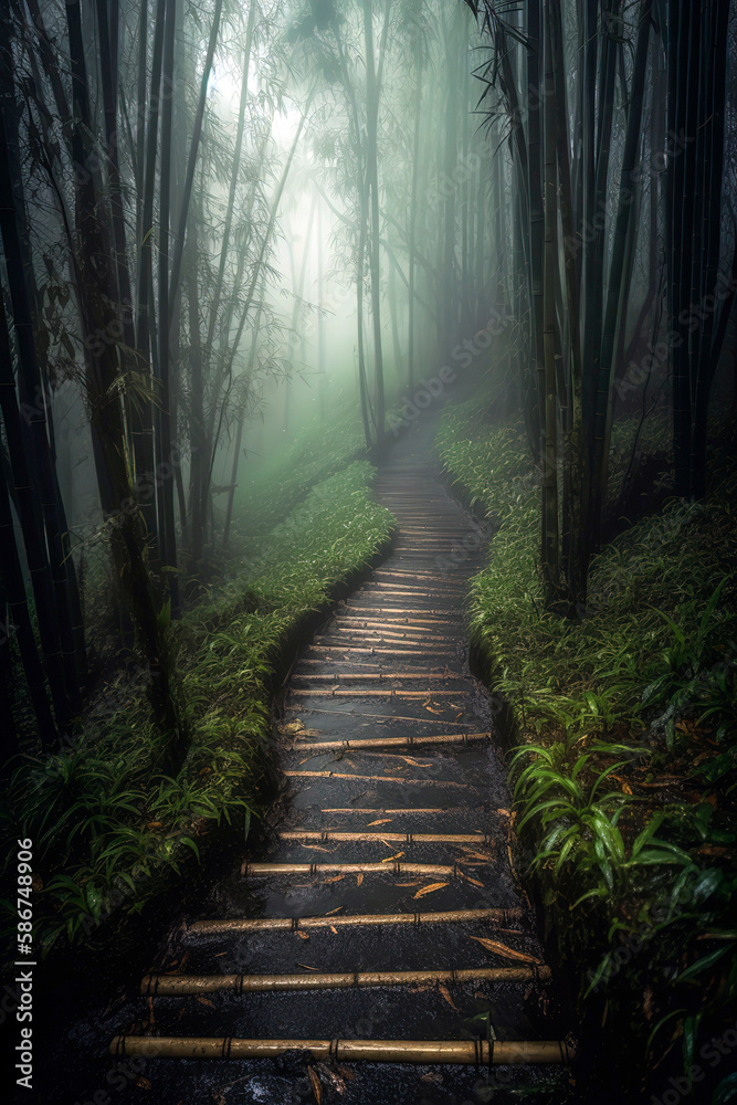 Foggy winding Bamboo path in Bamboo jungle at rainy season. A Magical ...