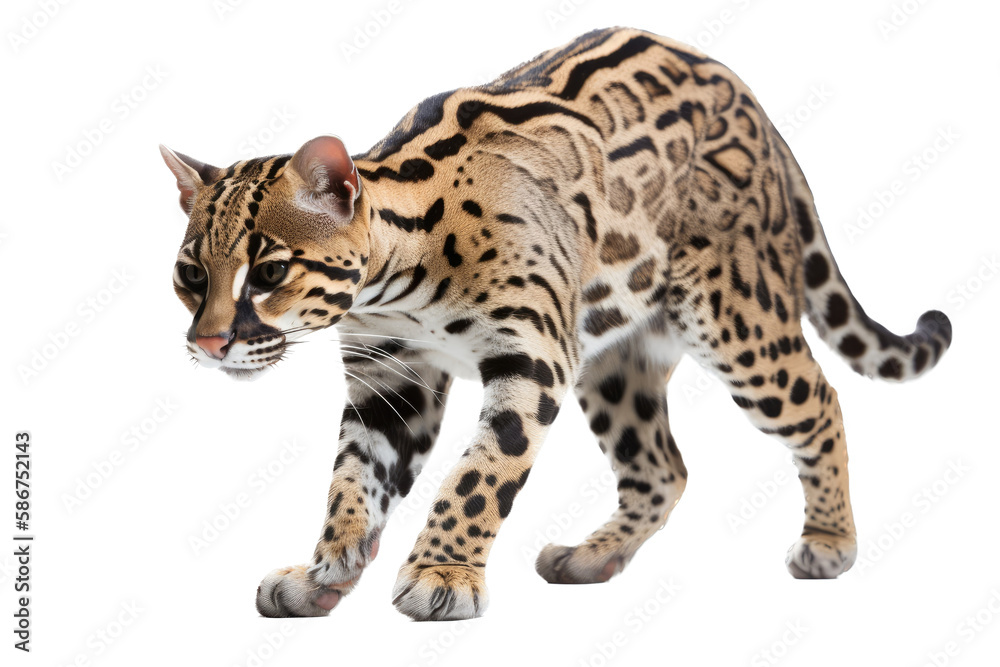 an isolated ocelot jungle cat walking and stalking prey, side-view ...