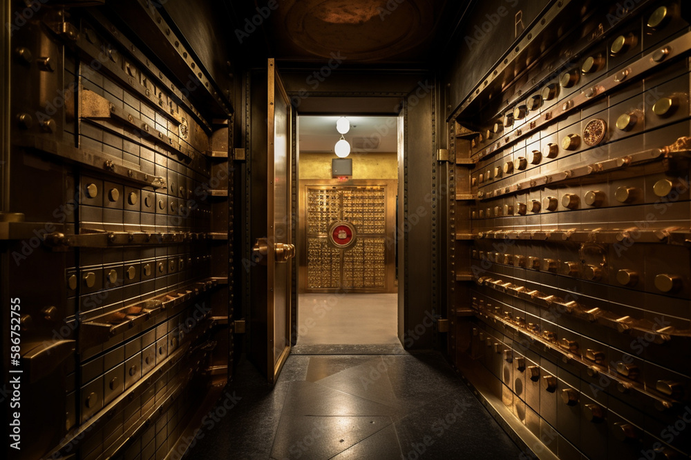 Bank vault door. Safe deposit boxes room in bank vault. Inside in Bank ...